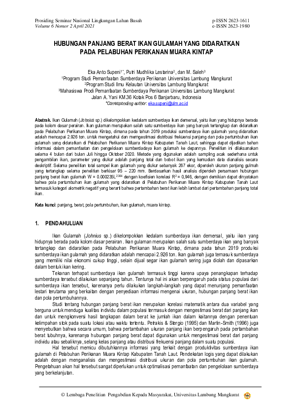 (PDF) Hubungan Panjang Berat Ikan Gulamah Yang Didaratkan Pada ...