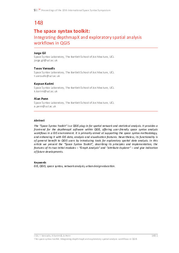 Pdf The Space Syntax Toolkit Integrating Depthmapx And Exploratory Spatial Analysis Workflows