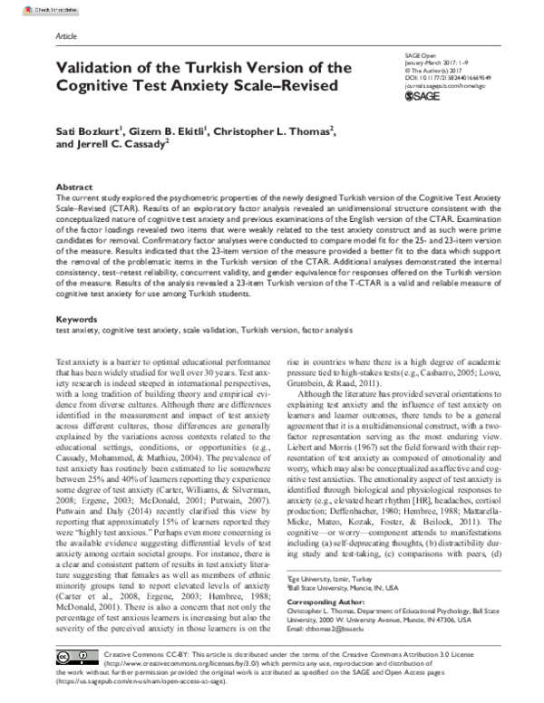 (PDF) Validation of the Turkish Version of the Cognitive Test Anxiety ...