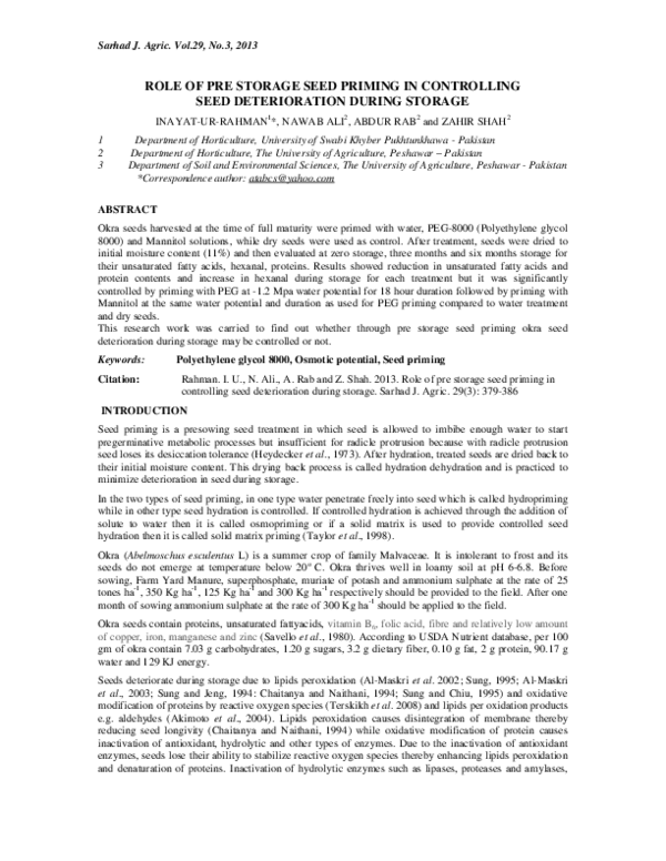 (PDF) Role of pre storage seed priming in controlling seed deterioration during storage