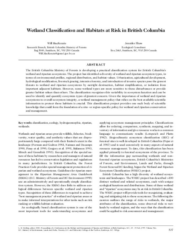 (PDF) Wetland classification and habitats at risk in British Columbia