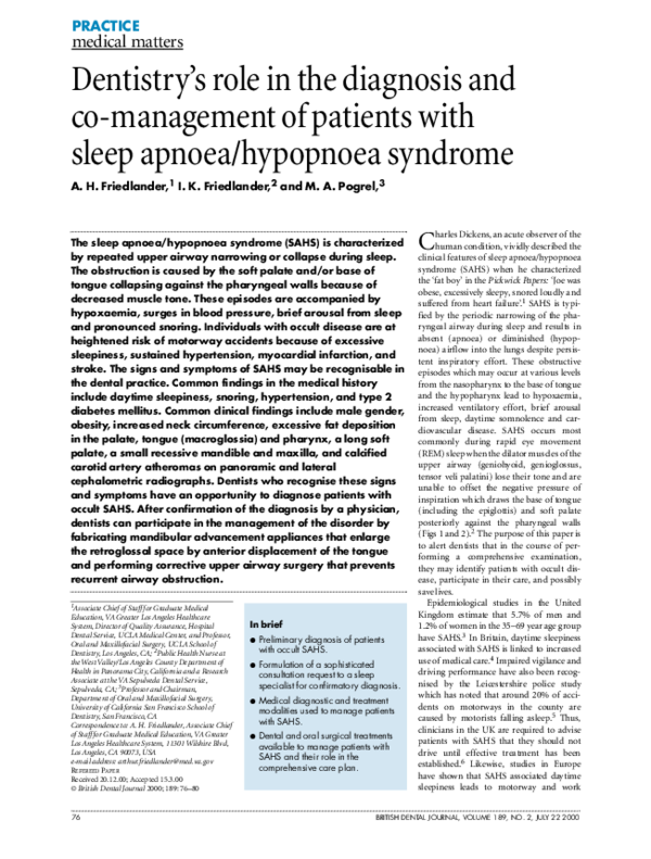 (PDF) Dentistry's role in the diagnosis and co-management of patients ...