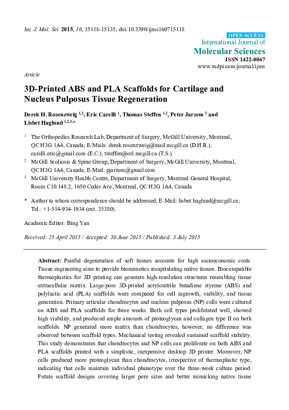 (PDF) 3D-Printed ABS and PLA Scaffolds for Cartilage and Nucleus Pulposus Tissue Regeneration