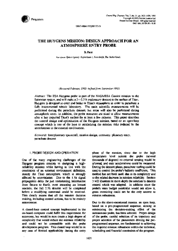 (PDF) The Huygens mission: Design approach for an atmosphere entry probe