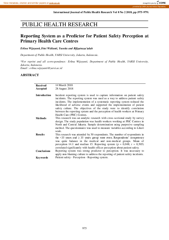 (PDF) Reporting System as a Predictor for Patient Safety Perception at ...