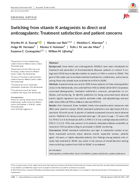 (PDF) Switching from vitamin K antagonists to direct oral anticoagulants: Treatment satisfaction ...