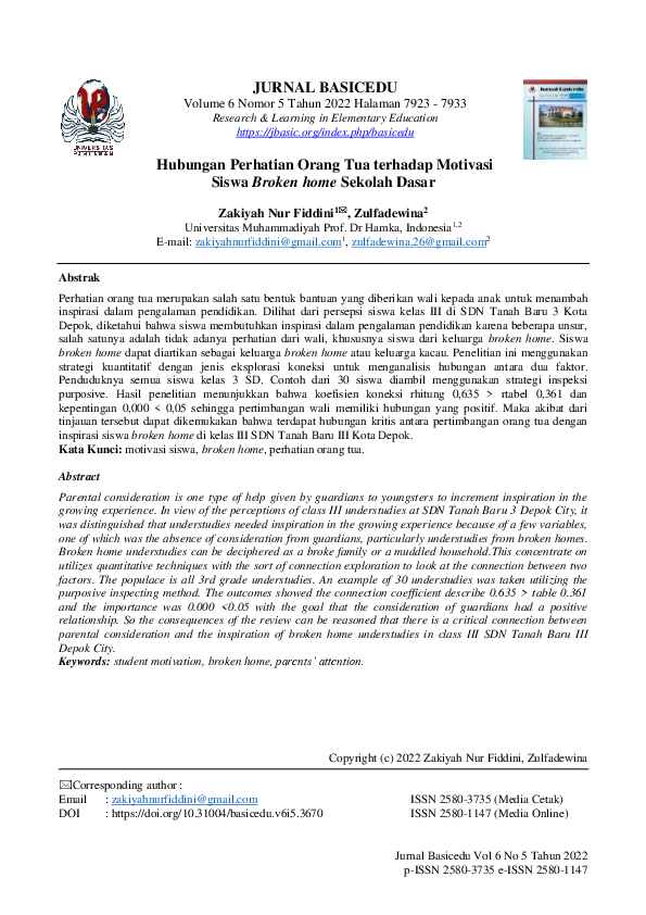 (PDF) Hubungan Perhatian Orang Tua terhadap Motivasi Siswa Broken Home Sekolah Dasar
