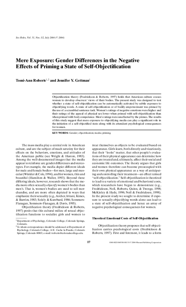(PDF) Mere Exposure: Gender Differences in the Negative Effects of Priming a State of Self ...