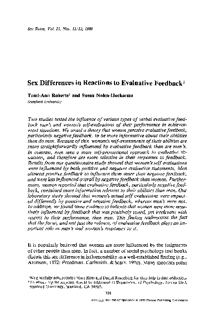 Pdf Sex Differences In Reactions To Evaluative Feedback
