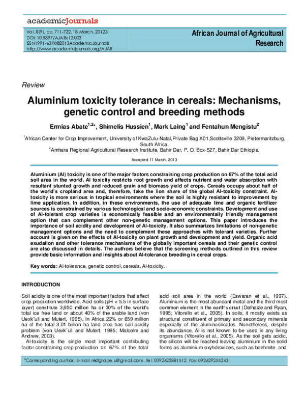 (PDF) Aluminium toxicity tolerance in cereals: Mechanisms, genetic ...