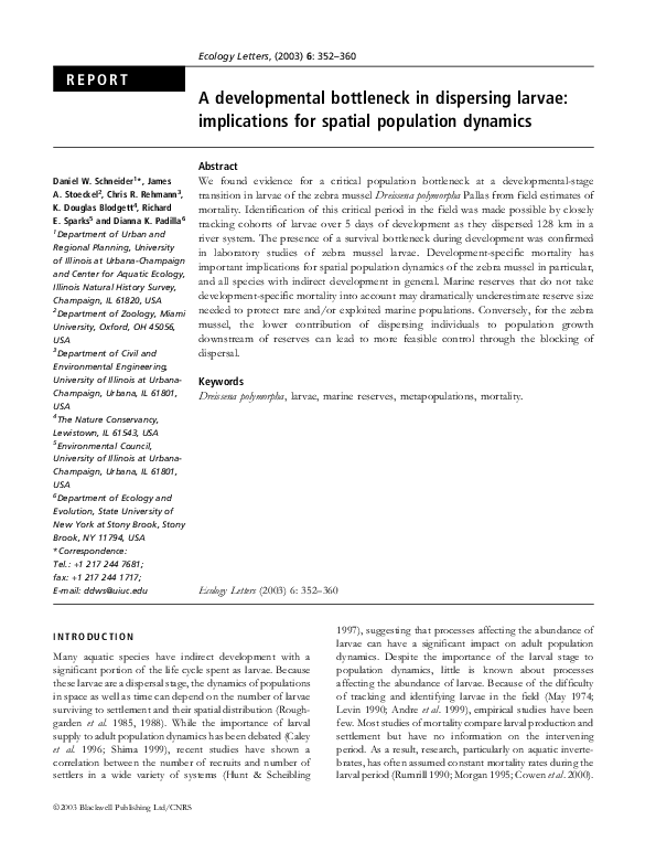 (PDF) A developmental bottleneck in dispersing larvae: implications for spatial population dynamics