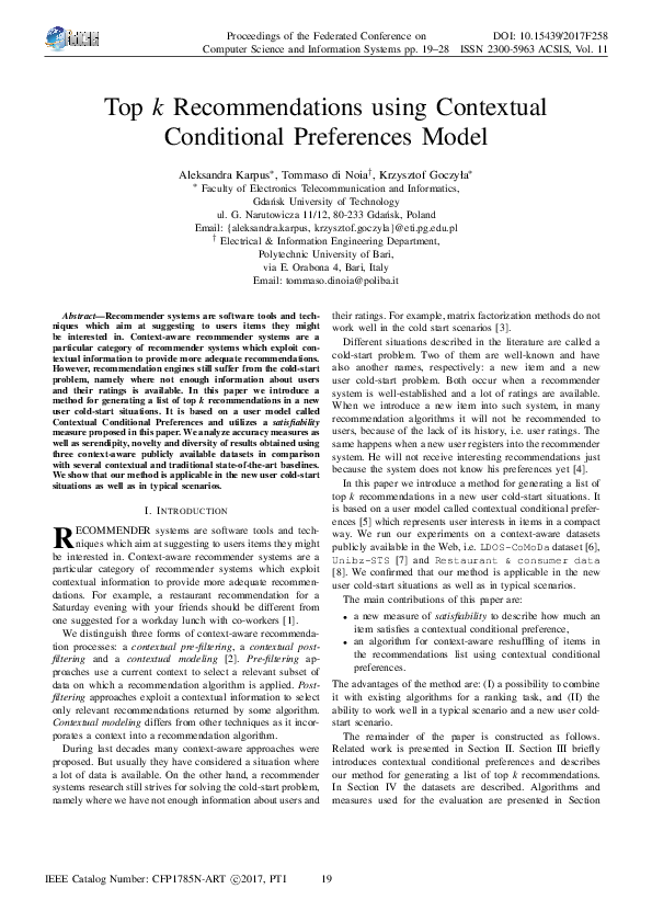(PDF) Top k Recommendations using Contextual Conditional Preferences Model