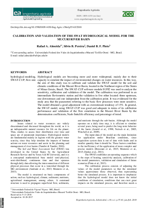 Pdf Calibration And Validation Of The Swat Hydrological Model For The
