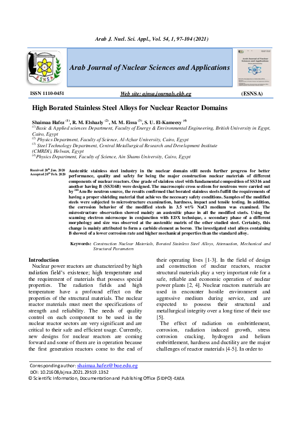 (PDF) High Borated Stainless Steel Alloys for Nuclear Reactor Domains