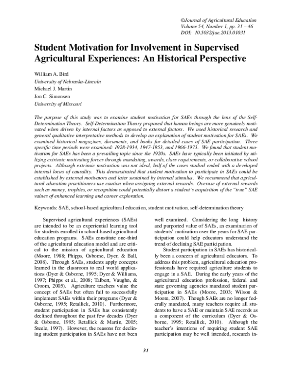 (PDF) Student Motivation for Involvement in Supervised Agricultural ...