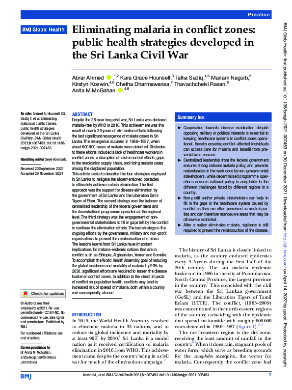 (PDF) Eliminating malaria in conflict zones: public health strategies ...