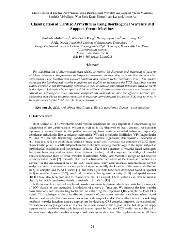 (PDF) Classification of Cardiac Arrhythmias using Biorthogonal Wavelets and Support Vector Machines