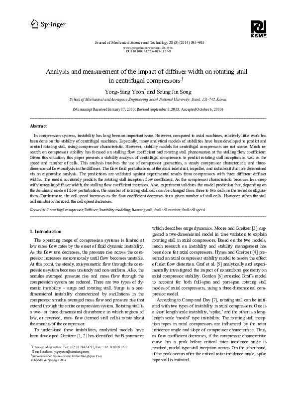 (PDF) Analysis and measurement of the impact of diffuser width on rotating stall in centrifugal ...