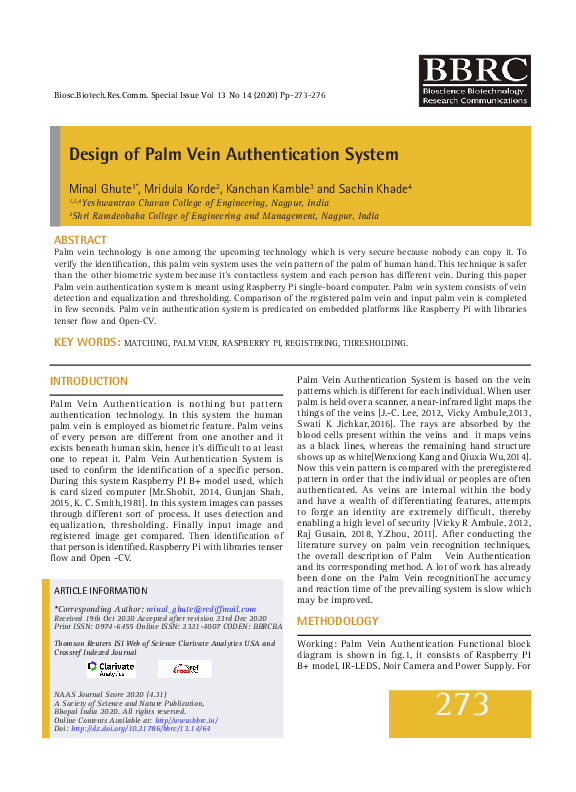 (PDF) Design of Palm Vein Authentication System