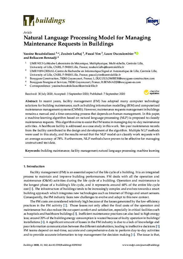 (PDF) Natural Language Processing Model for Managing Maintenance Requests in Buildings