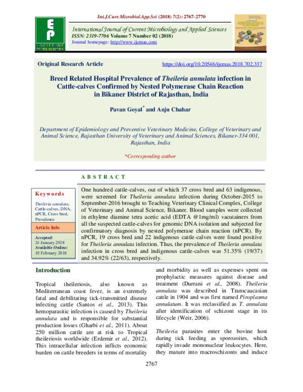 Pdf Breed Related Hospital Prevalence Of Theileria Annulata Infection