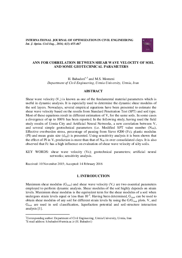 (PDF) Ann for Correlation Between Shear Wave Velocity of Soil and Some Geotechnical Parameters ...