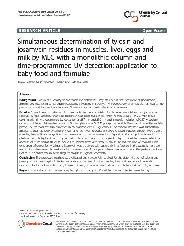 (PDF) Simultaneous determination of tylosin and josamycin residues in ...