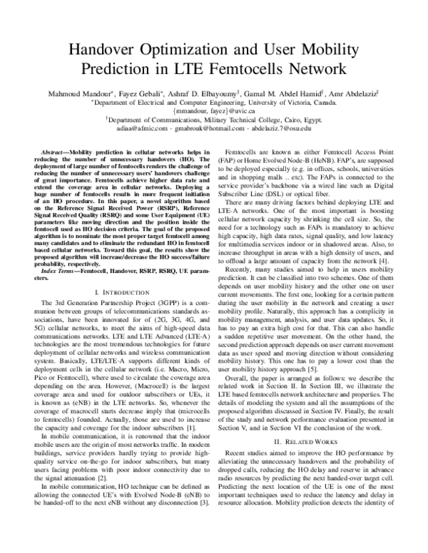 (PDF) Handover Optimization and User Mobility Prediction in LTE Femtocells Network