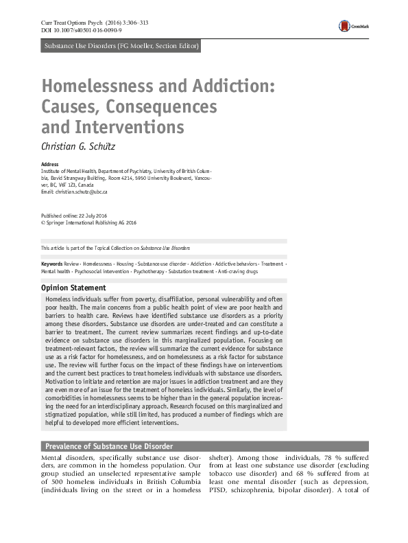 (PDF) Homelessness and Addiction: Causes, Consequences and Interventions