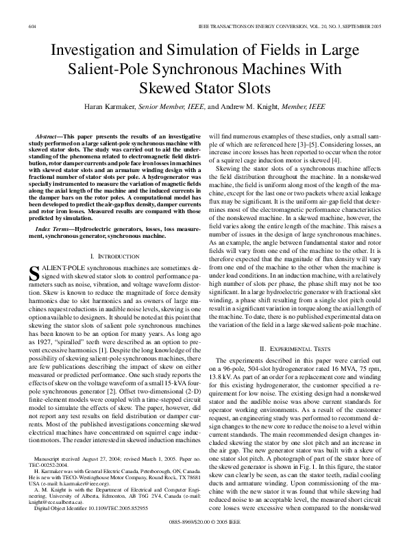 Pdf Investigation And Simulation Of Fields In Large Salient Pole Synchronous Machines With