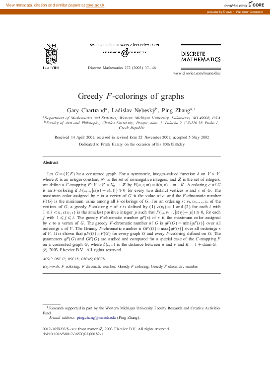 (PDF) Greedy F-colorings of graphs