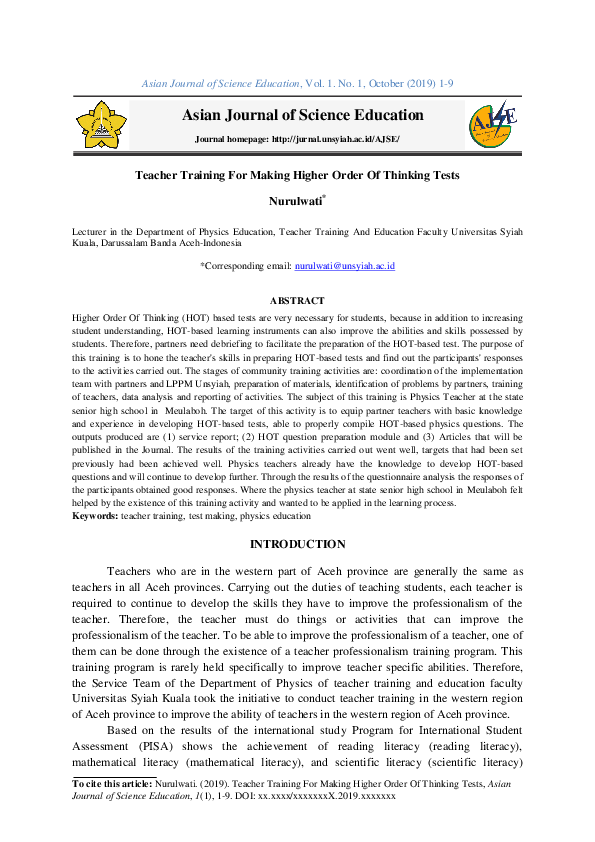 (PDF) Teacher Training For Making HOT (Higher Order Of Thinking) Tests