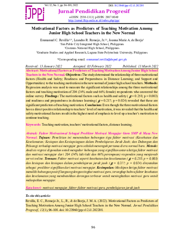 (PDF) Motivational Factors as Predictors of Teaching Motivation Among ...