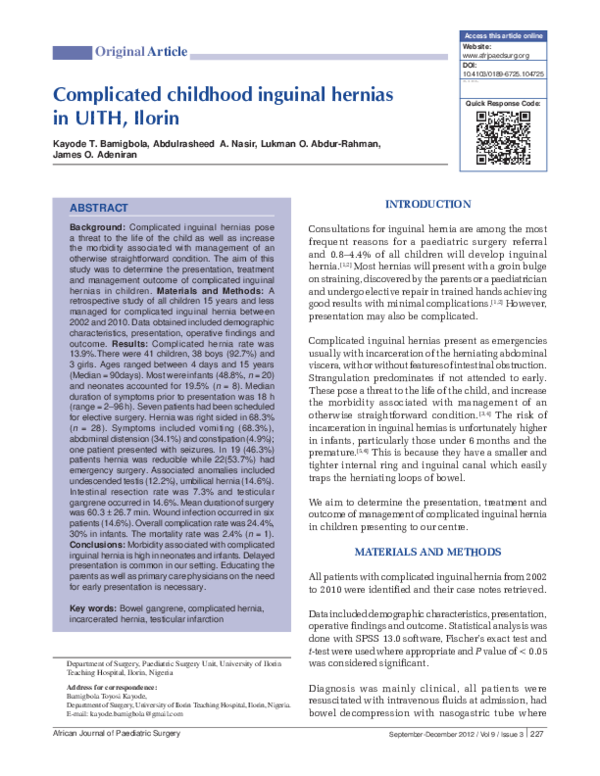(PDF) Complicated childhood inguinal hernias in UITH, Ilorin