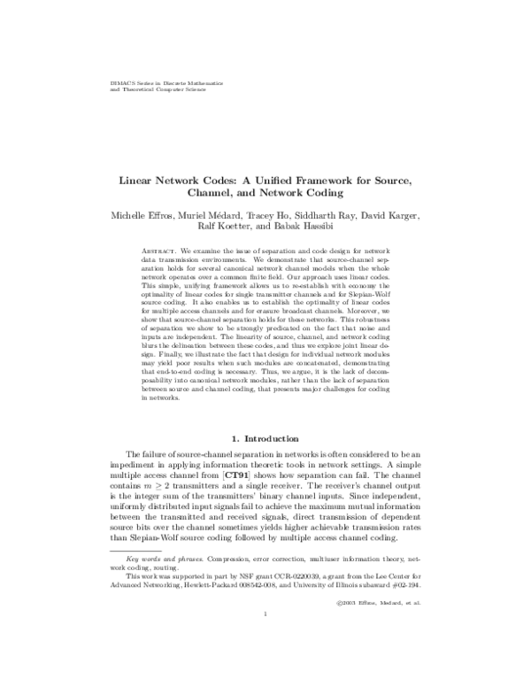 (PDF) Linear Network Codes: A Unified Framework for Source, Channel, and Network Coding