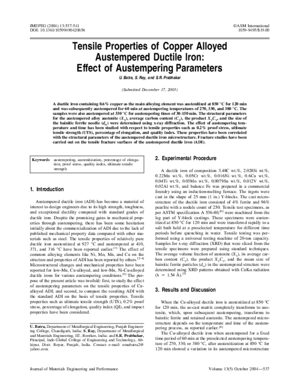 (PDF) Tensile properties of copper alloyed austempered ductile iron: Effect of austempering ...
