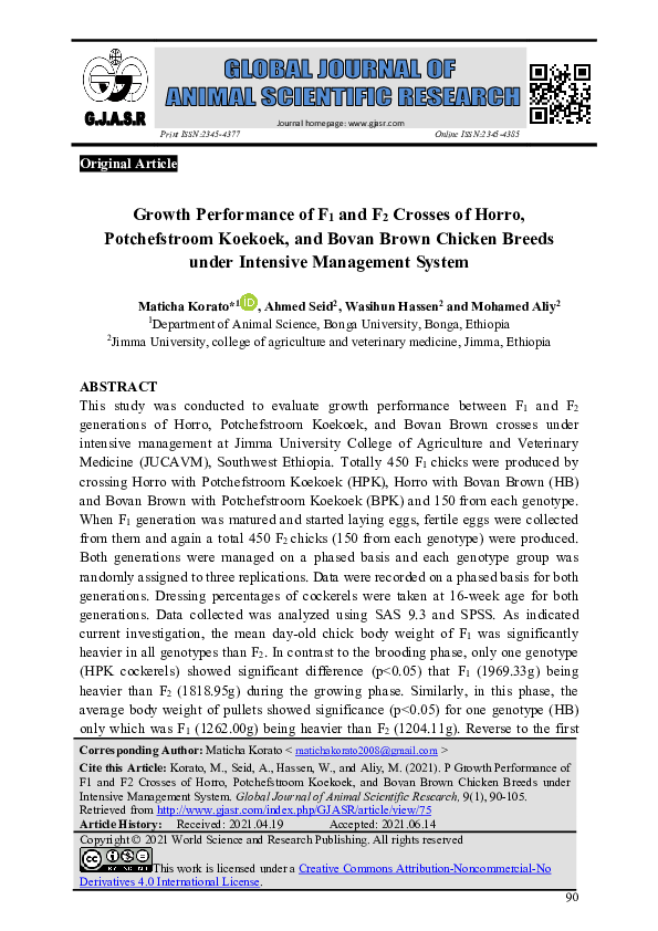 (PDF) Growth Performance of F1 and F2 Crosses of Horro, Potchefstroom ...