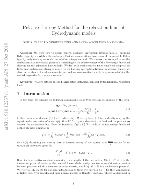 (PDF) Relative entropy method for the relaxation limit of hydrodynamic models