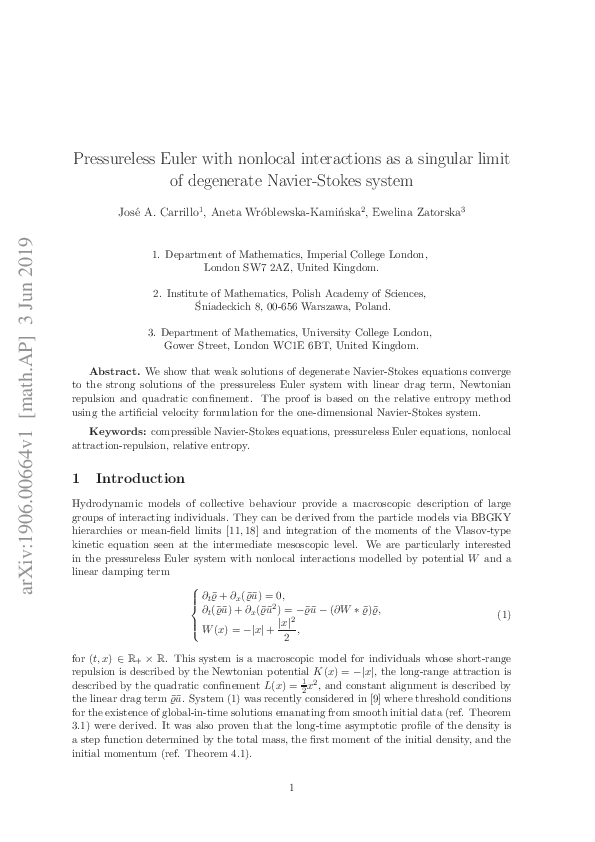 (PDF) Pressureless Euler with nonlocal interactions as a singular limit of degenerate Navier ...