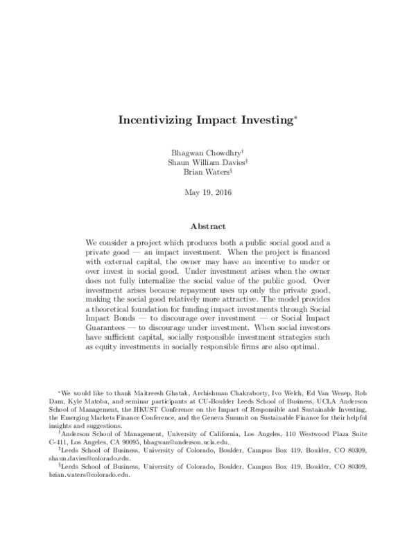 (PDF) Incentivizing Impact Investing