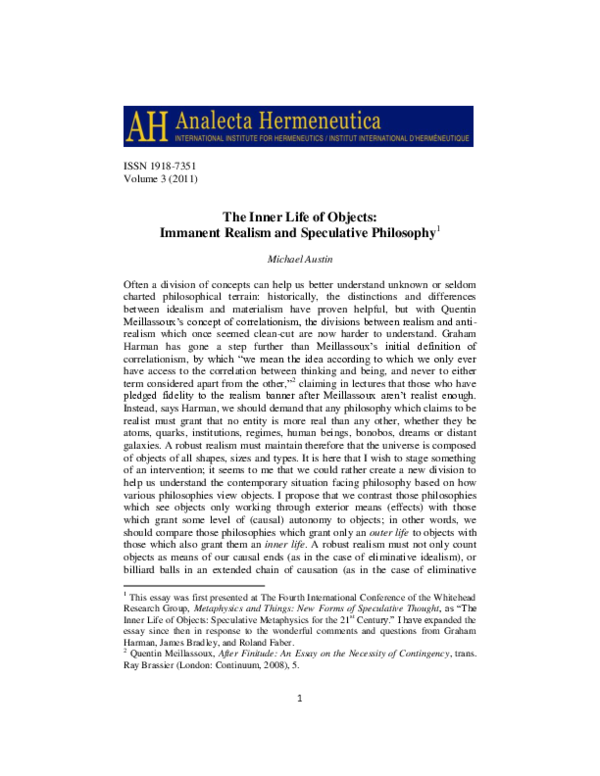 (PDF) The Inner Life of Objects: Immanent Realism and Speculative ...