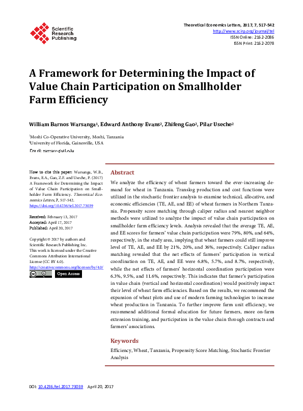 (PDF) A Framework for Determining the Impact of Value Chain Participation on Smallholder Farm ...