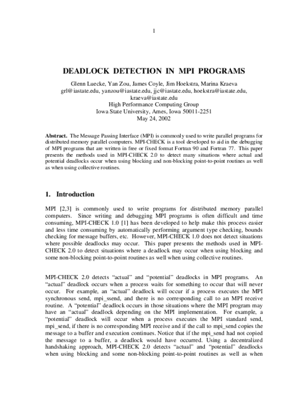 (PDF) Deadlock detection in MPI programs