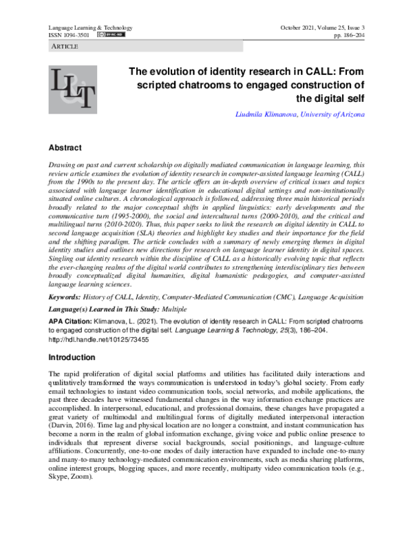 (PDF) The evolution of identity research in CALL: From scripted ...