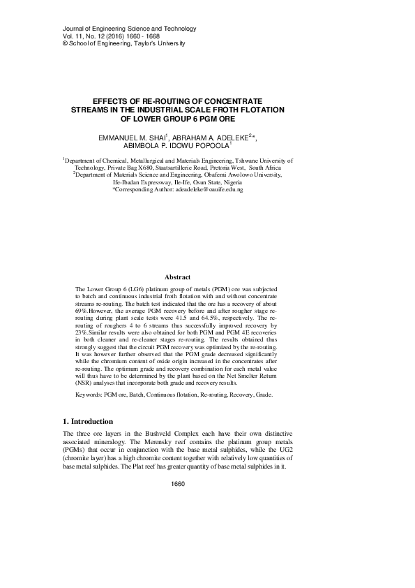 (PDF) Effects of Re-Routing of Concentrate Streams in the Industrial Scale Froth Flotation of ...