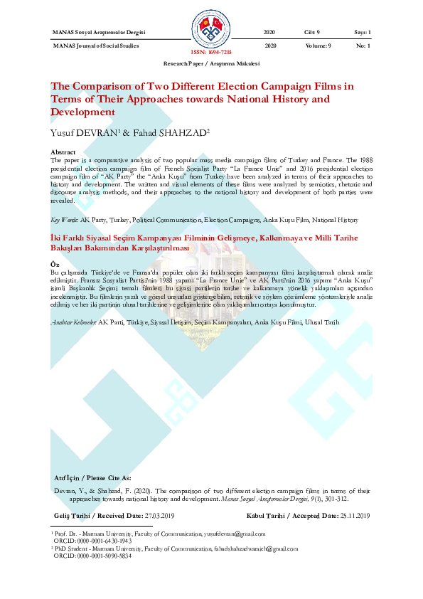 (PDF) The Comparison of Two Different Election Campaign Films in Terms of Their Approaches ...