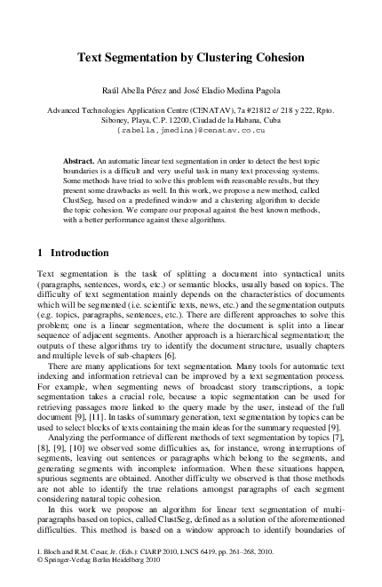 (PDF) Text Segmentation by Clustering Cohesion