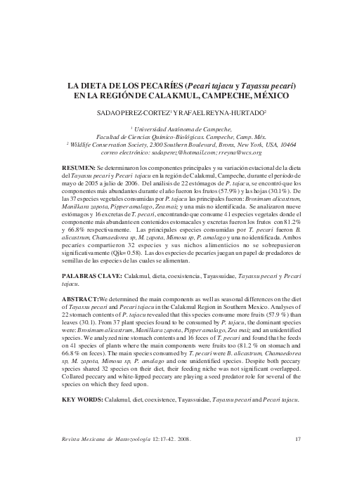 (PDF) La dieta de los pecaries (Pecari tajacu y Tayassu pecari) en la ...
