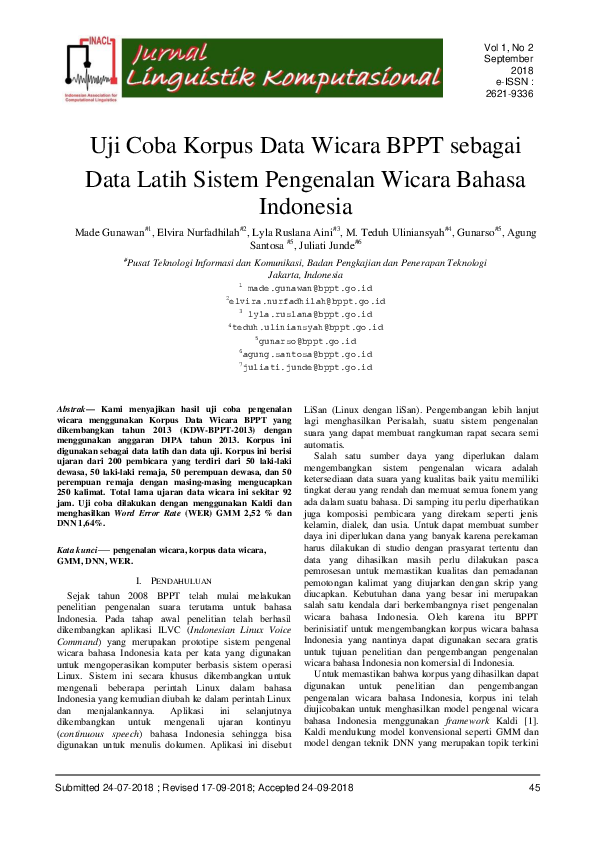 (PDF) Uji Coba Korpus Data Wicara BPPT sebagai Data Latih Sistem ...
