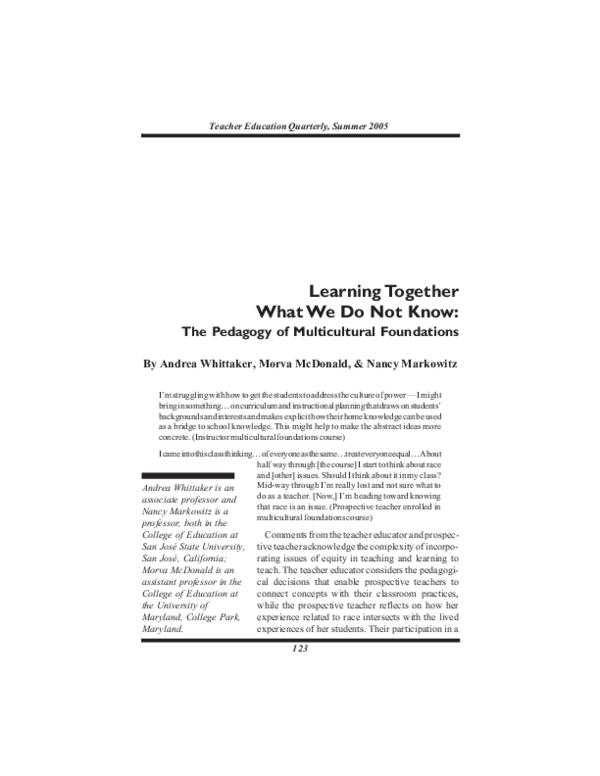 (PDF) Learning Together What We Do Not Know: The Pedagogy of ...
